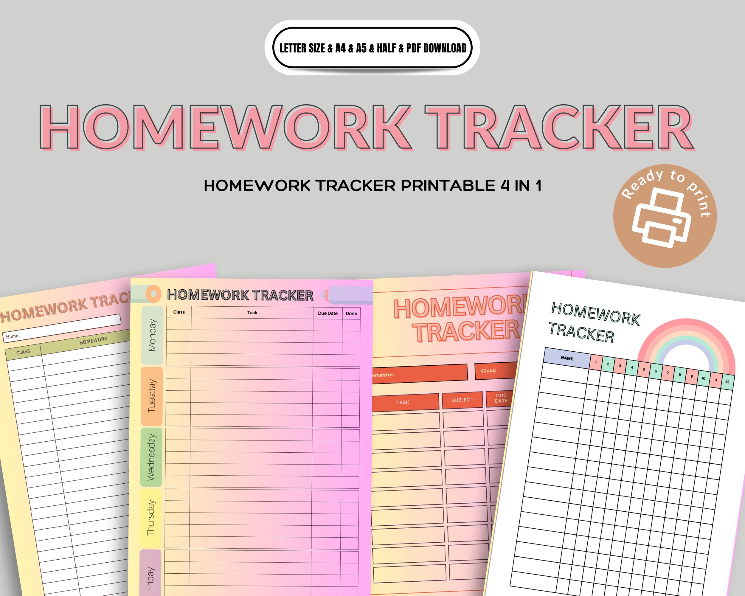 Set of 4 Prints | Printable A4 & US Letter Homework Tracker | Homework ...