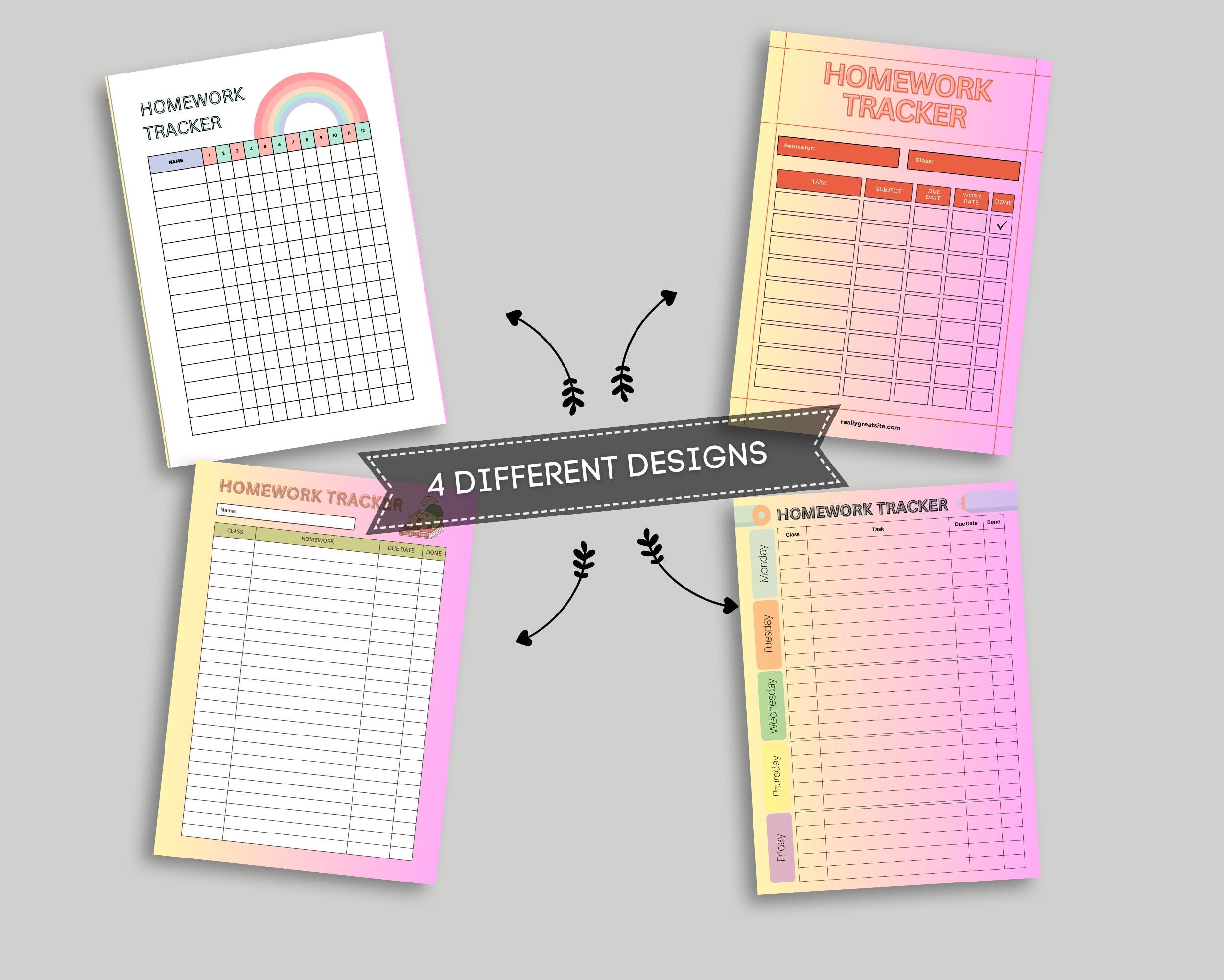 Set of 4 Prints | Printable A4 & US Letter Homework Tracker | Homework ...