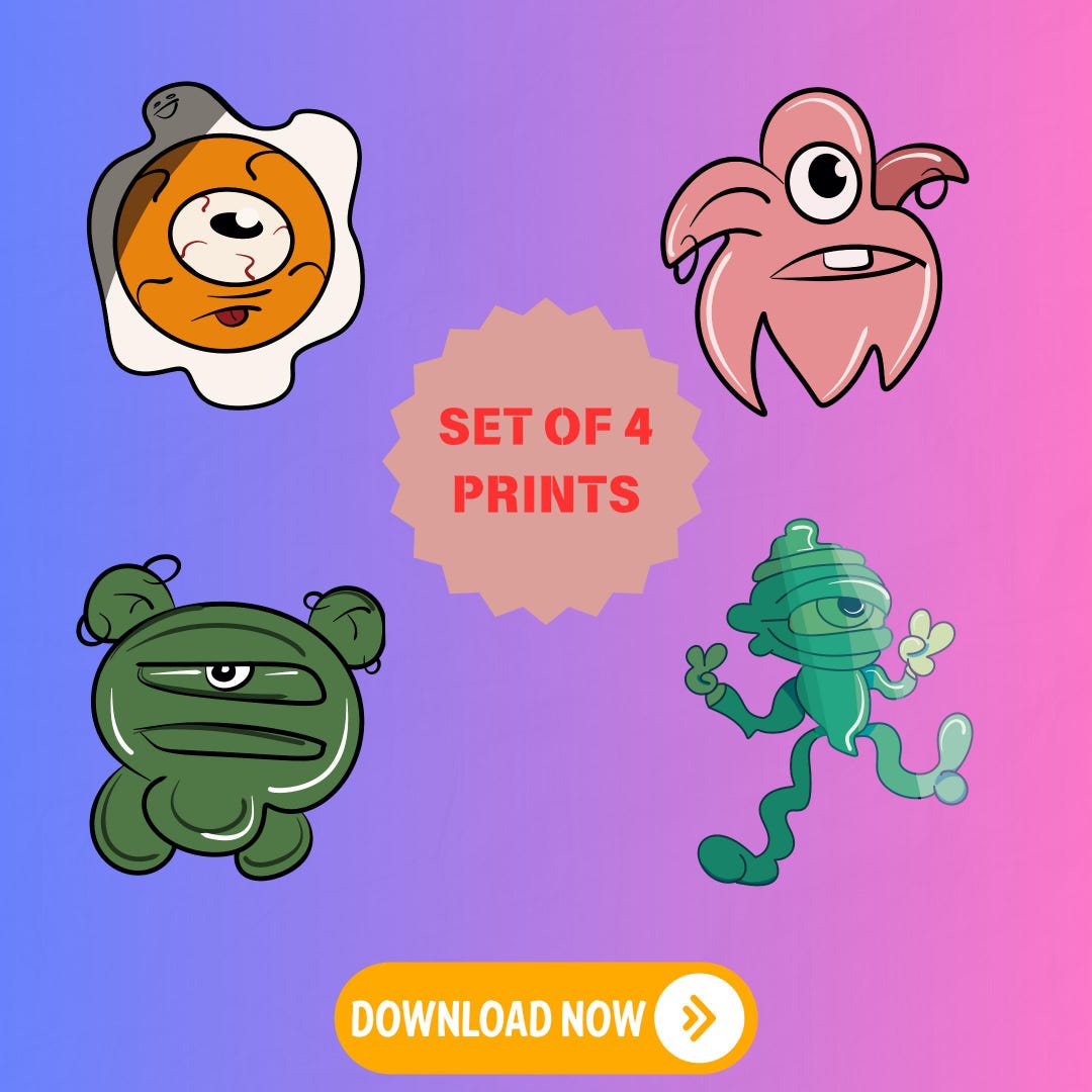 Set of 4 Prints – Whimsical Cyclops Egg Illustration – Pink One-eyed ...