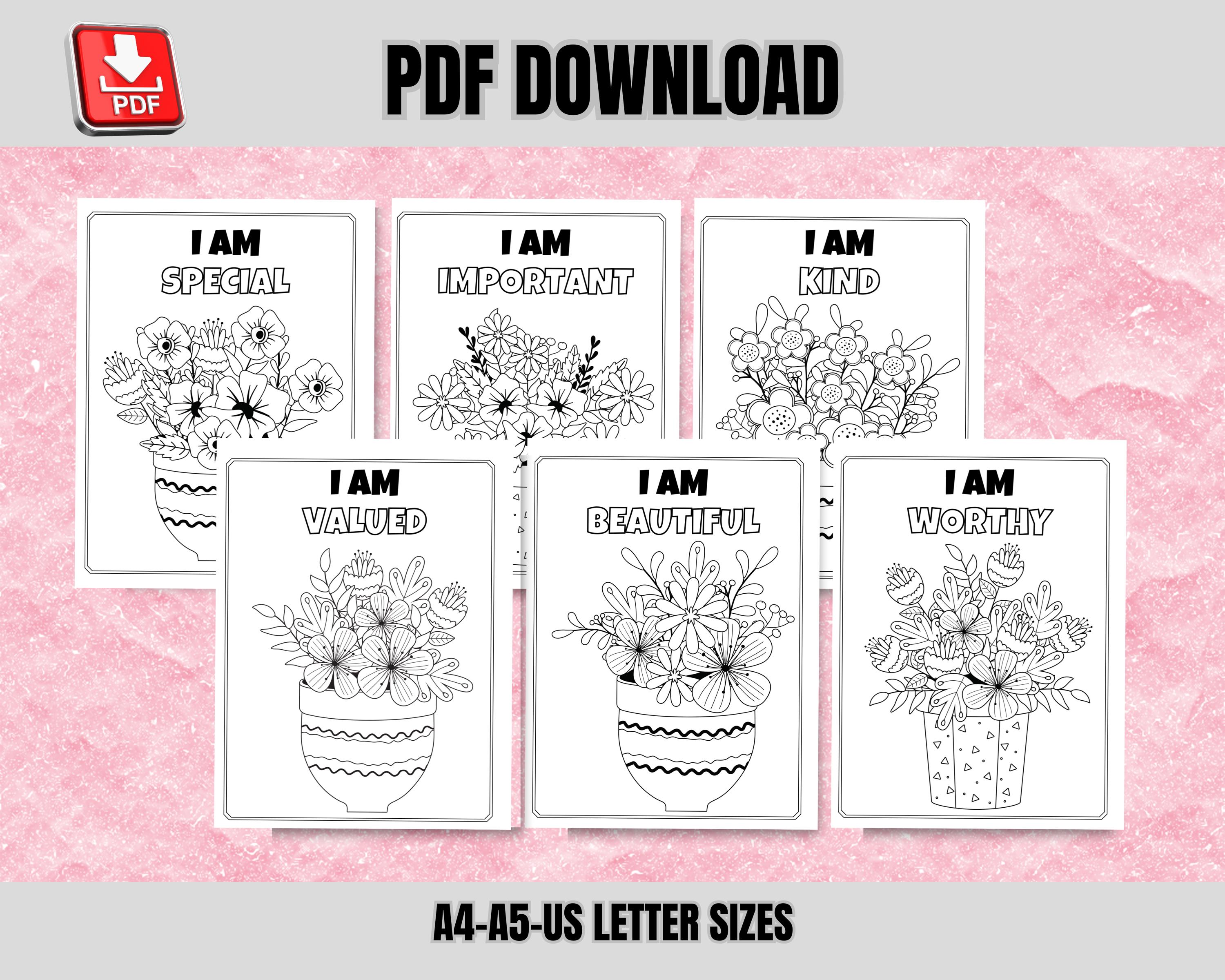 Printable Flower Coloring Pages | Positive Affirmation Coloring Sheets ...