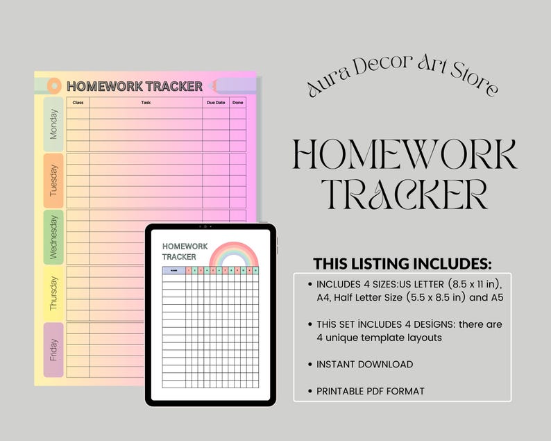 Set of 4 Prints | Printable A4 & US Letter Homework Tracker | Homework ...