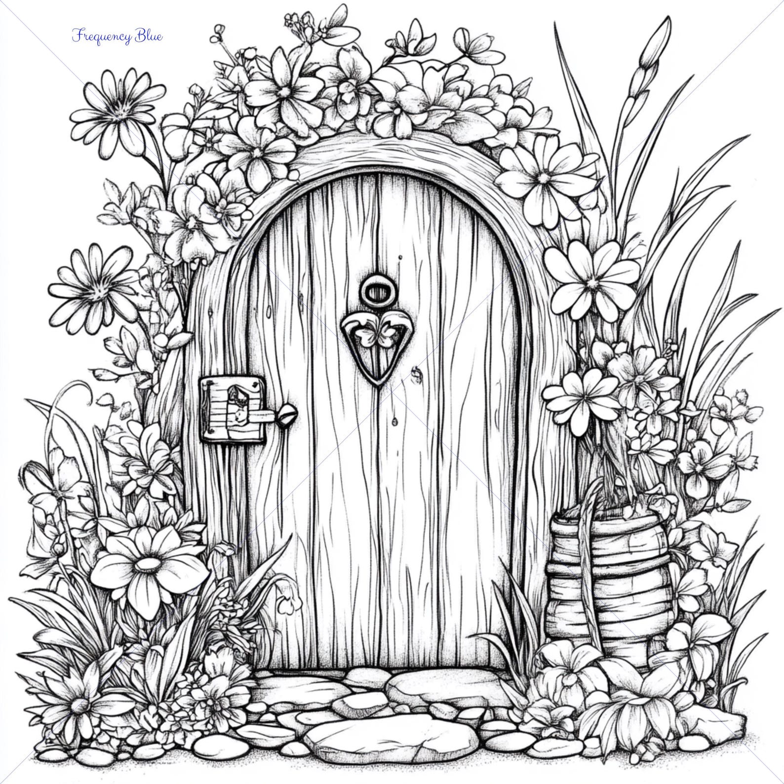 Fairy Door Coloring Page, Printable Fairy Door Scene, Whimsical Fairy ...