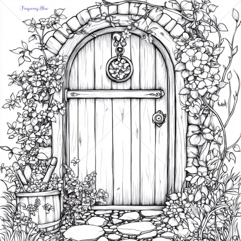 Fairy Door Coloring Page, Printable Fairy Door Scene, Whimsical Fairy ...