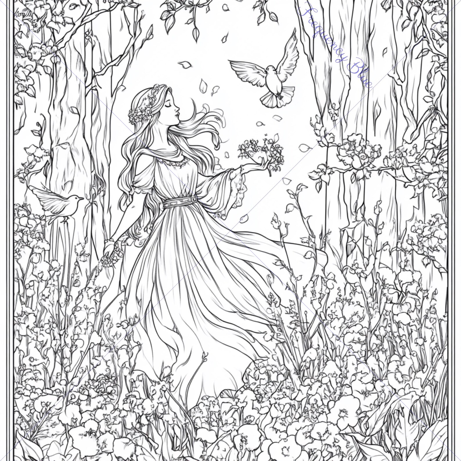 Garden of Delights Coloring Pages, Woman and Birds (printable PNG) - Etsy