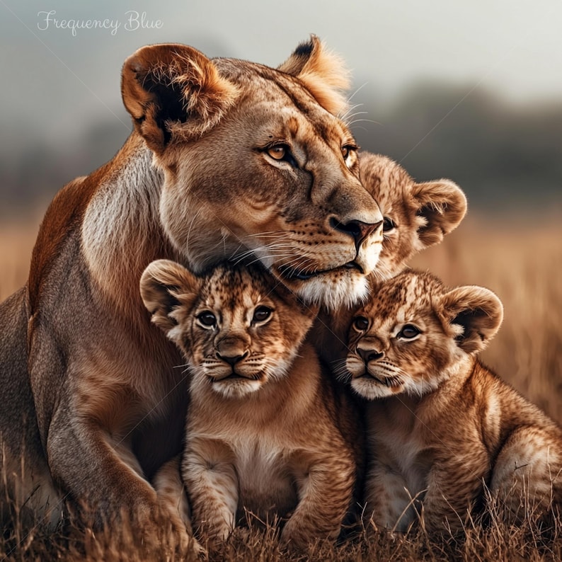 Lioness and Her Cubs, Beautiful Fun Loving Sweet Mother Love, Digital ...