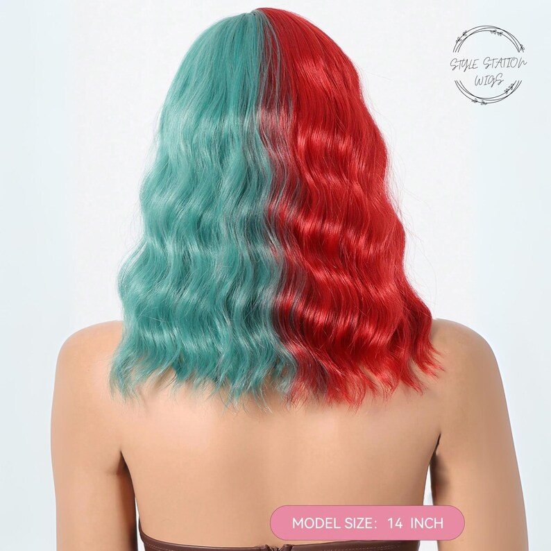 Half Red and Half Green Wig With Bangs, Two-tone Wig, Women Short Wavy ...