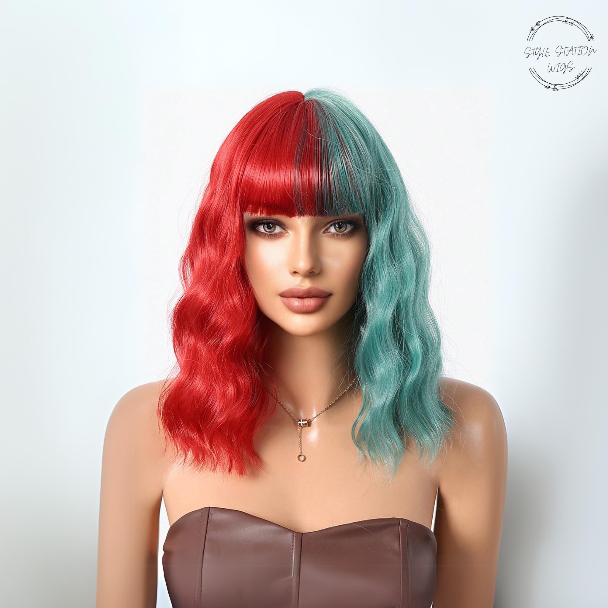 Half Red and Half Green Wig With Bangs, Two-tone Wig, Women Short Wavy ...