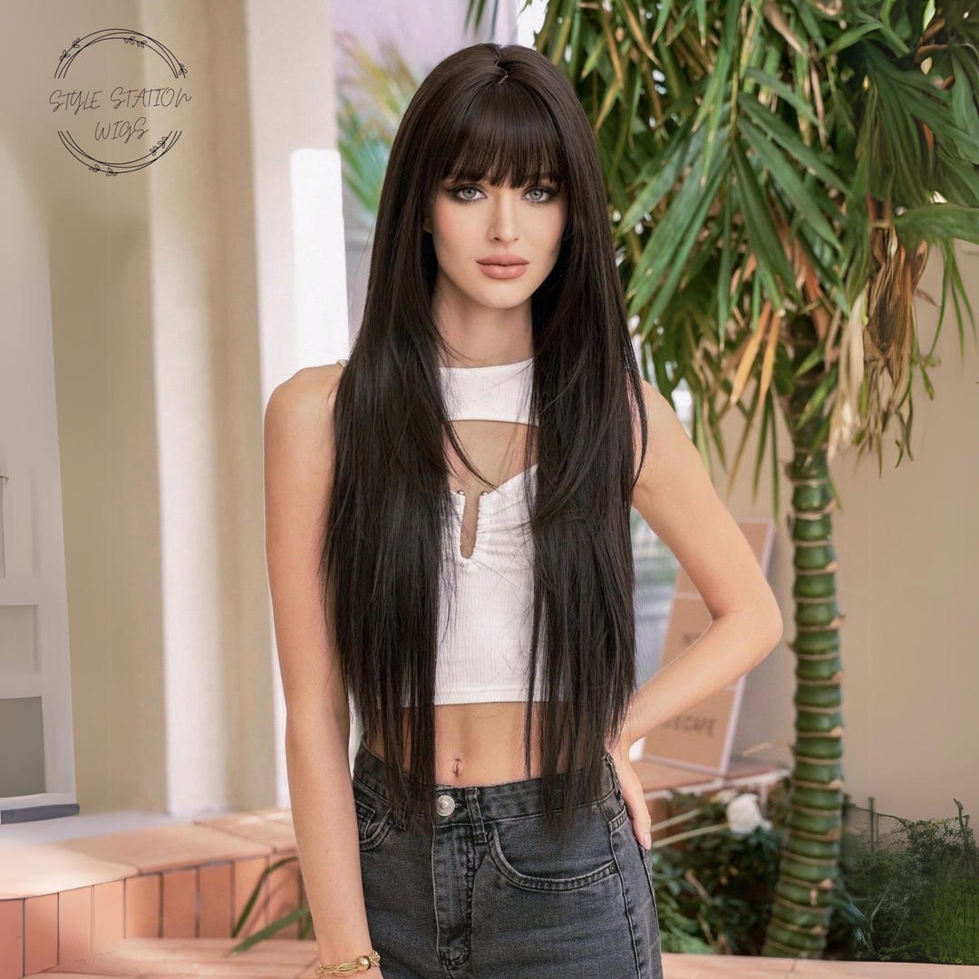 Super Long Black Wig With Bangs, Layered Extra Long Straight Wig ...
