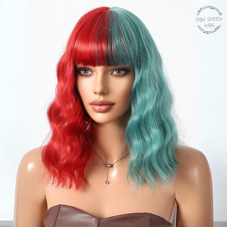 Half Red and Half Green Wig With Bangs, Two-tone Wig, Women Short Wavy ...