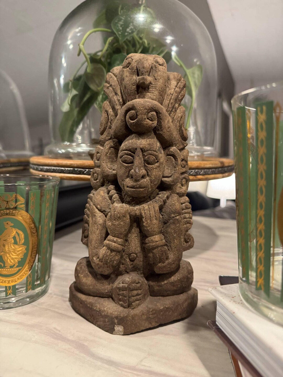 Vintage Mayan Stone Statue With Jaguar Headdress – Hand Carved Volcanic ...
