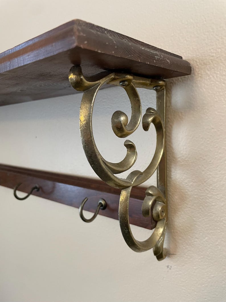 Vintage Wood Wall Shelf With Gold Scroll Brackets • Dark Wood Plate ...