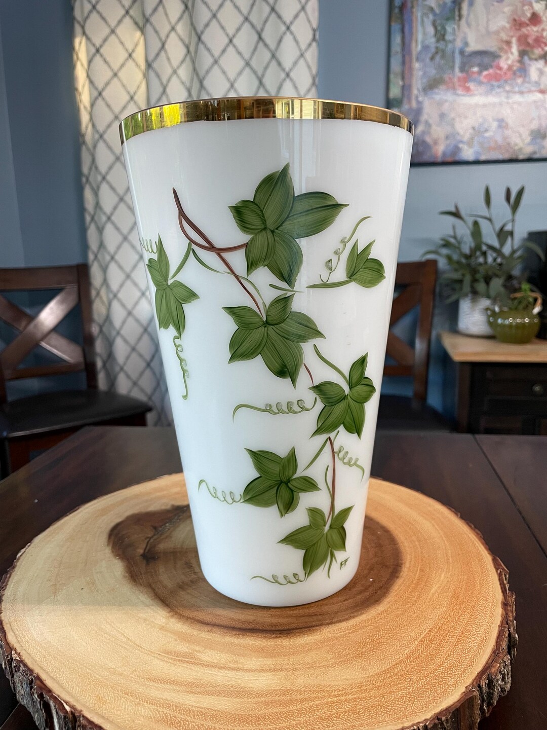Vintage White Opaline Vase | Hand-painted Green Ivy Leaves | Signed “FF ...