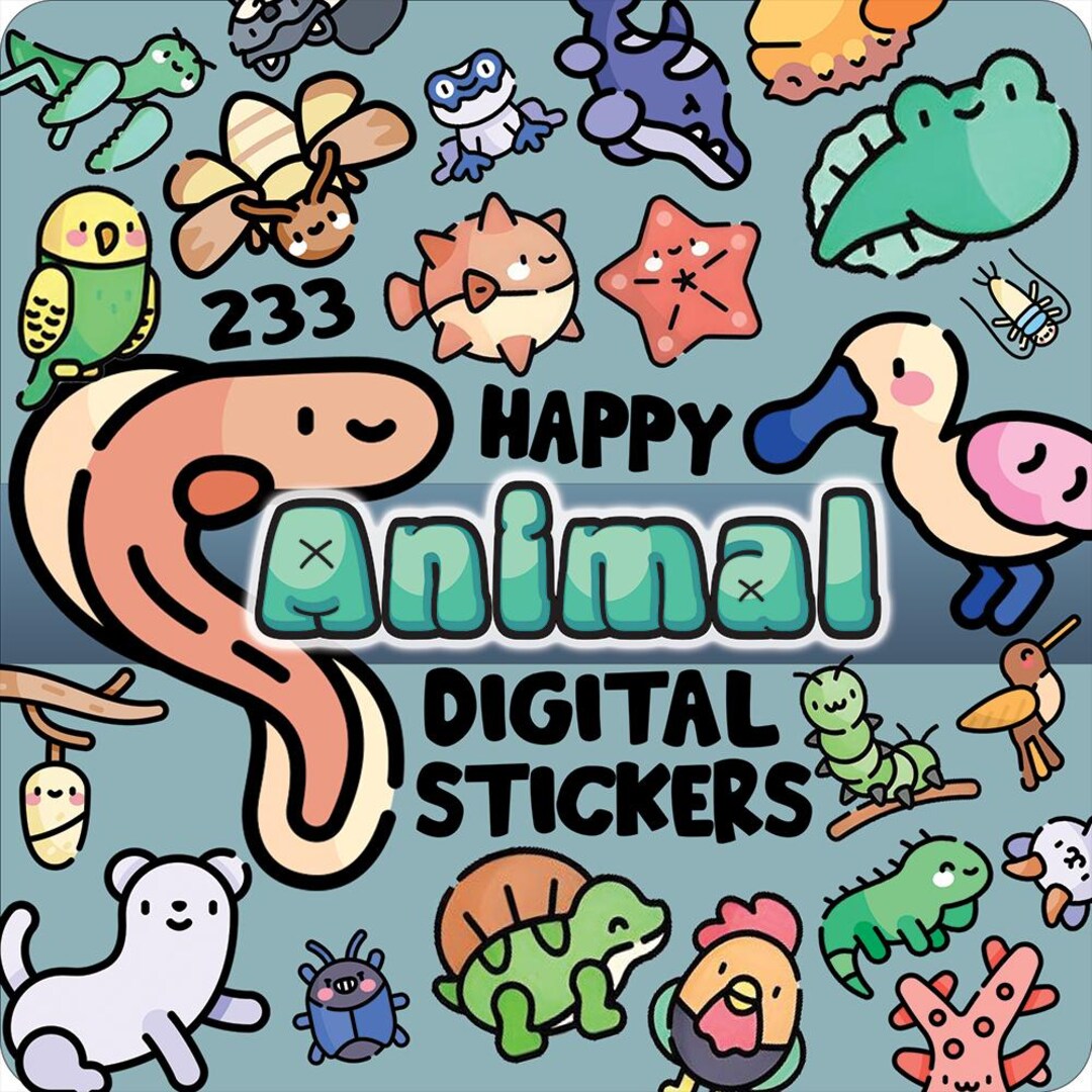 Happy Animal Digital Stickers - Cute Card Game Design Elements, DIY ...