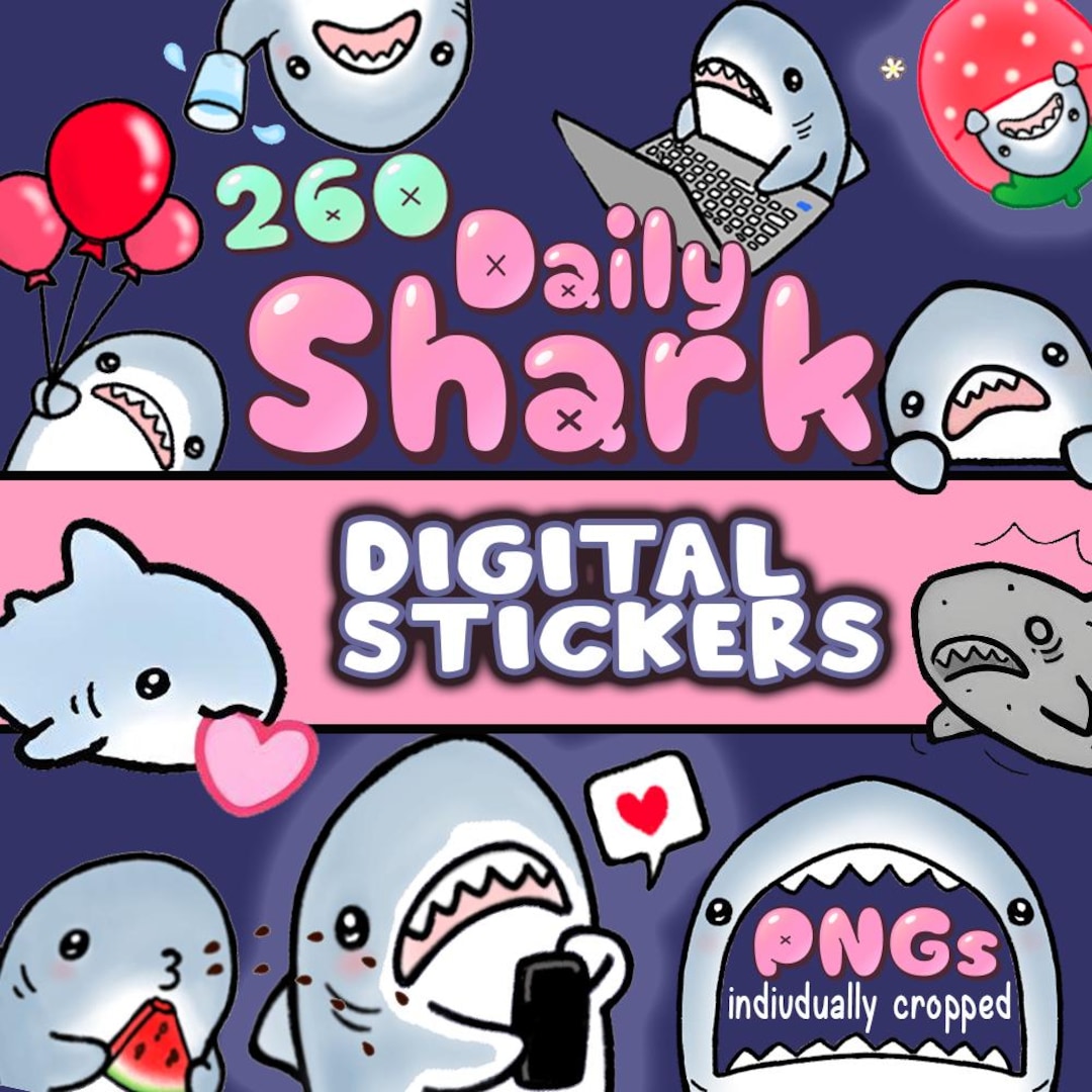 Daily Shark Digital Stickers - Printable Stickers - PNG FILES - Cropped ...