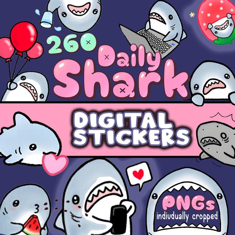 Daily Shark Digital Stickers - Printable Stickers - PNG FILES - Cropped ...