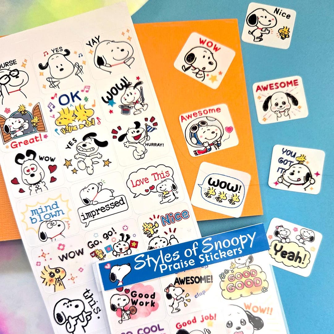 Snoopy Praise Stickers - Positive Grading Stickers - Easy Peel Sheet ...