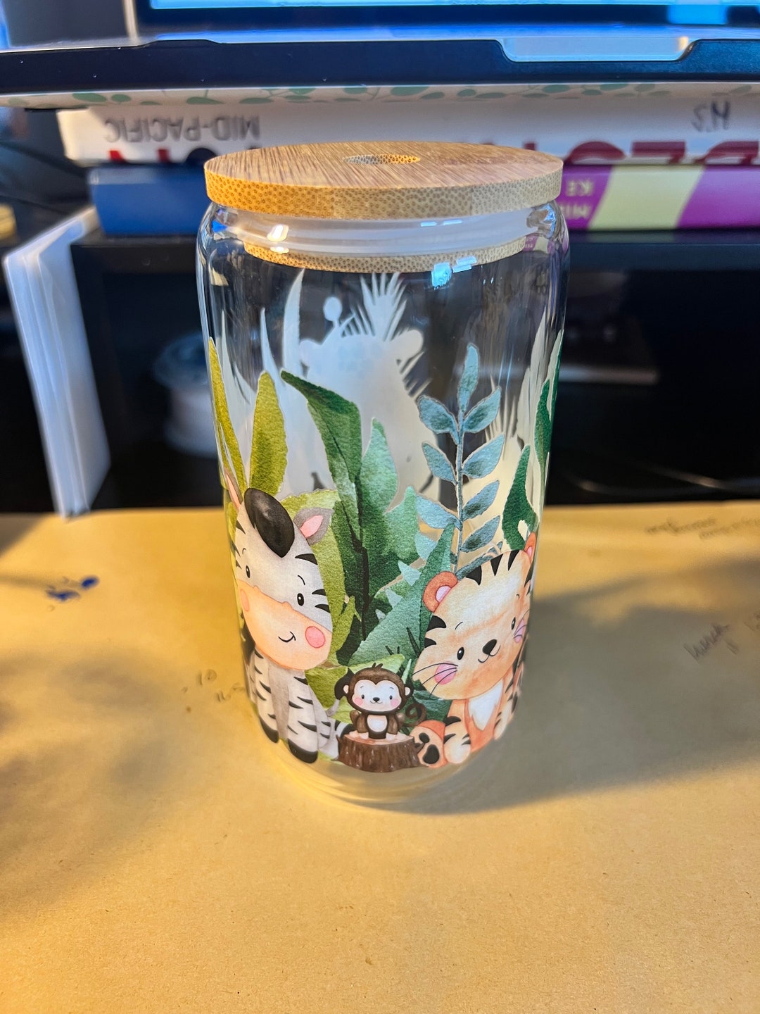 Baby Animals Glass Can, Tumbler. Glass Recyclable Straw, Bamboo Lid ...