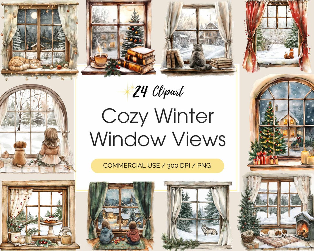 Cozy Winter Window View Clipart, Watercolor Snowy Scene (PNG Files) - Etsy