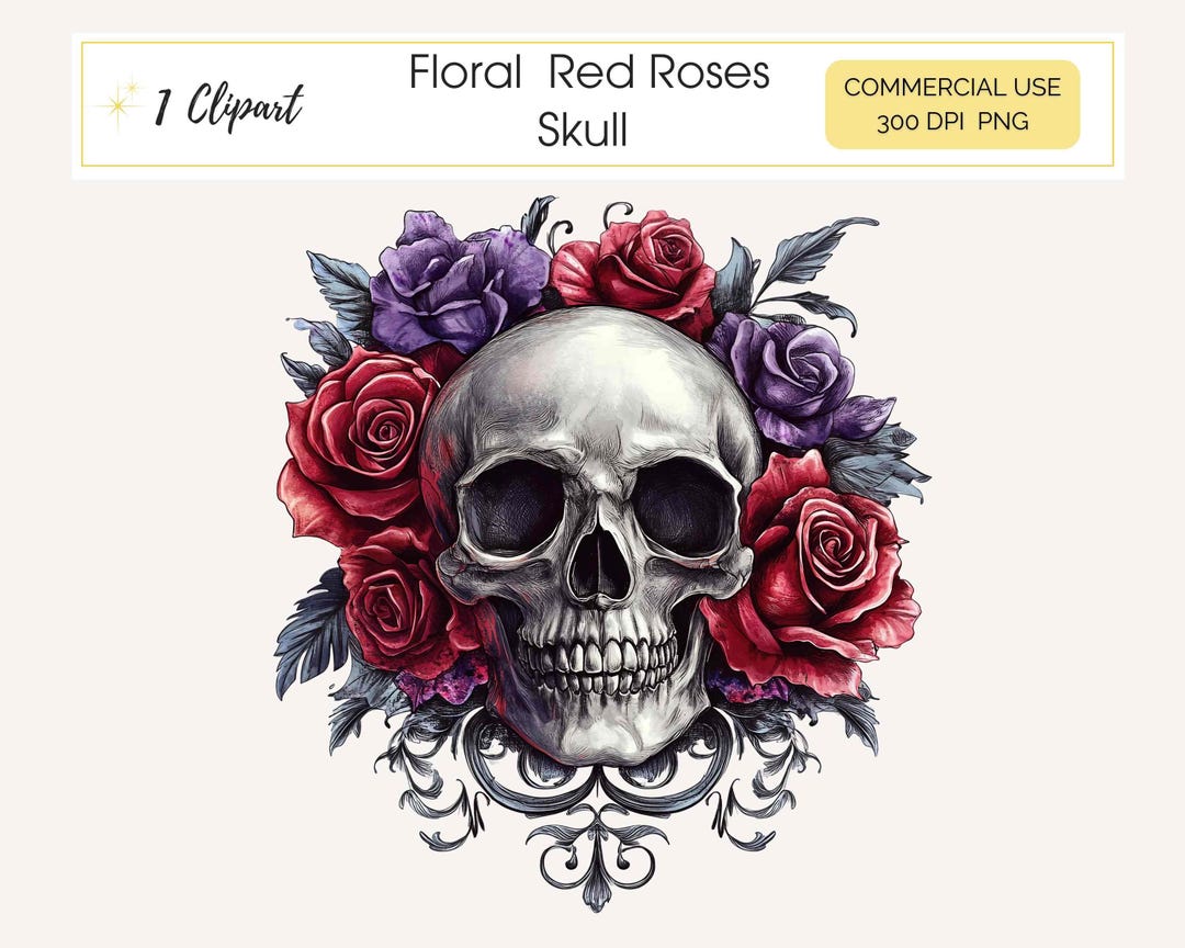 Red Roses Skull Clipart Boho Skull Sublimation Png Gothic Skull With ...