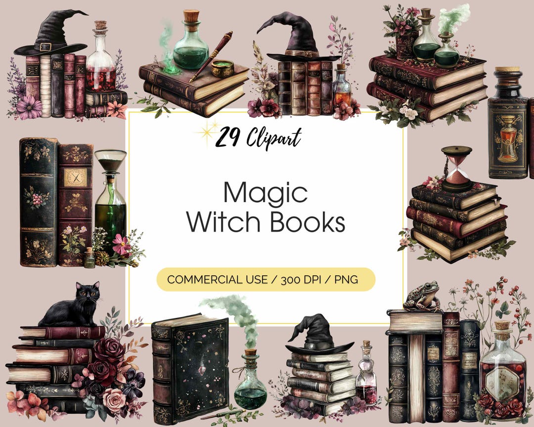 Magic Witch Book Clipart Watercolor Witch Hat Book Piles PNG Digital ...