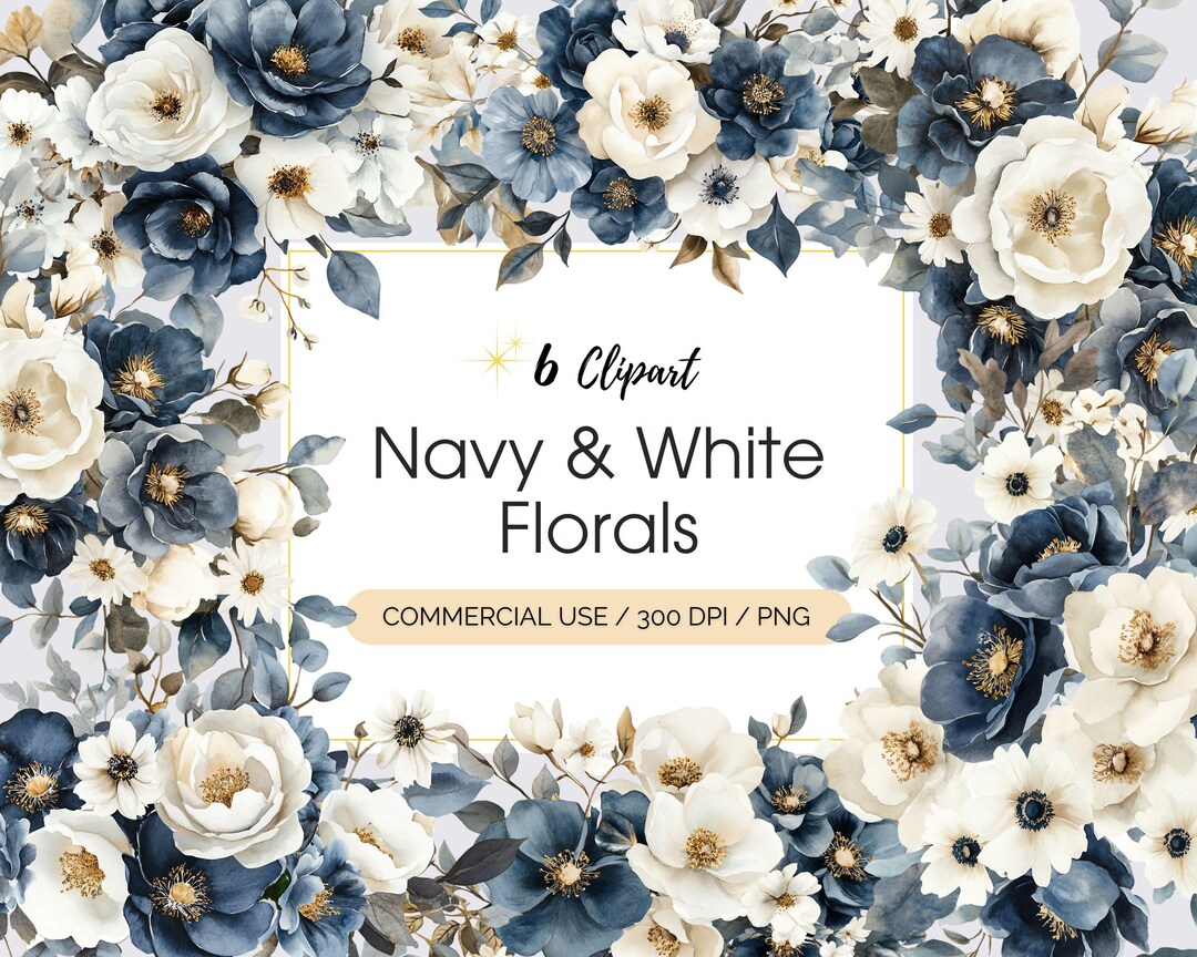 Navy Blue Floral Clipart, Watercolor Flower Bouquets (PNG, Instant ...