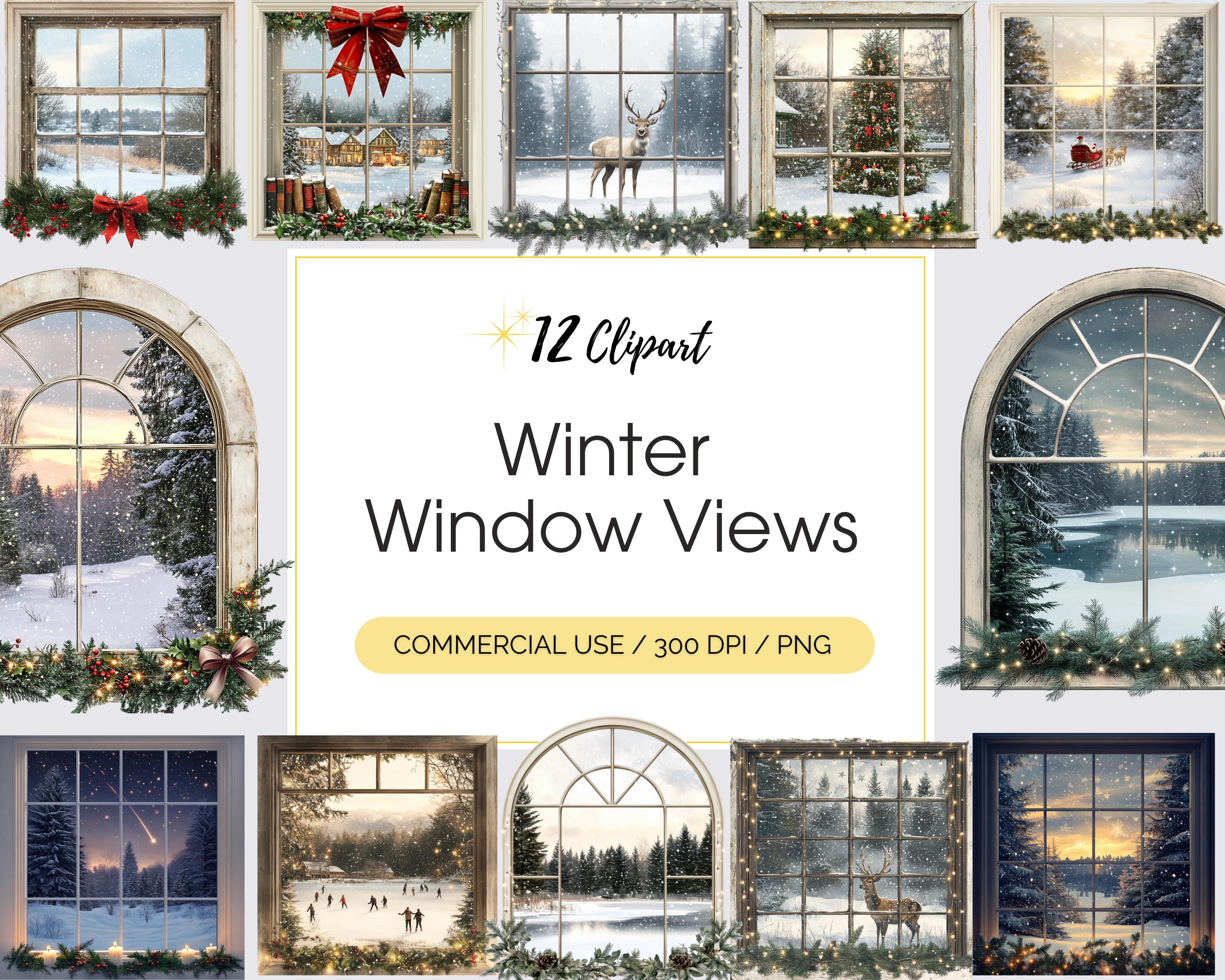 Watercolor Winter Window Clipart, Snowy Scene, Winter Christmas Windows ...