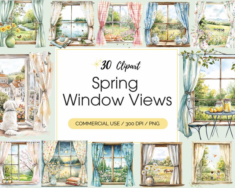 Spring Window View Clipart Bundle, Watercolor Spring Clipart, Perfect ...