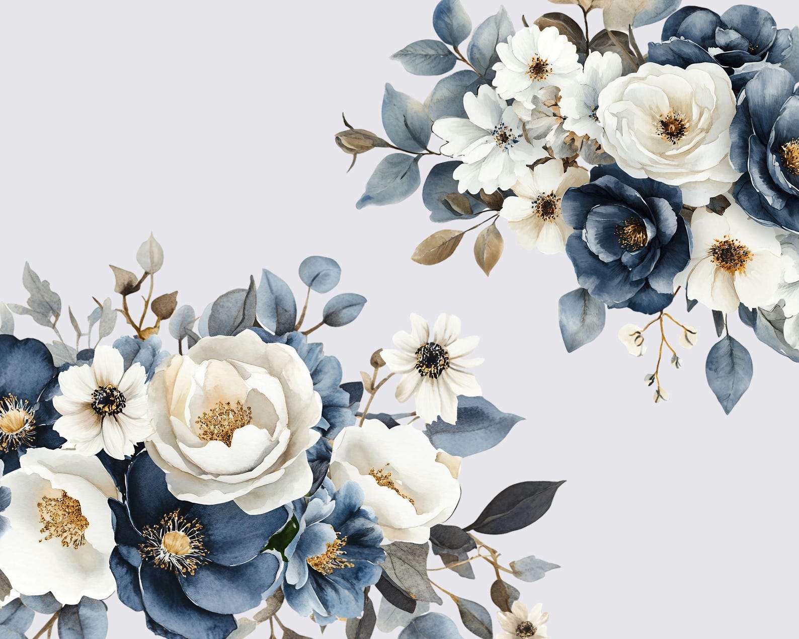 Navy Blue Floral Clipart, Watercolor Flower Bouquets (PNG, Instant ...
