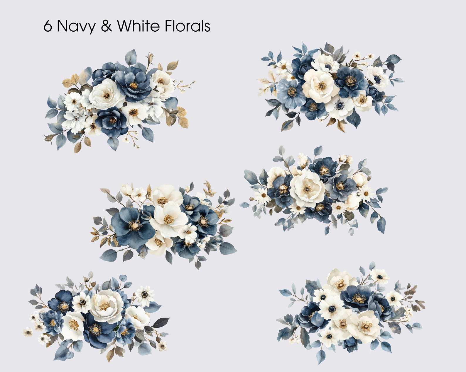 Navy Blue Floral Clipart, Watercolor Flower Bouquets (PNG, Instant ...
