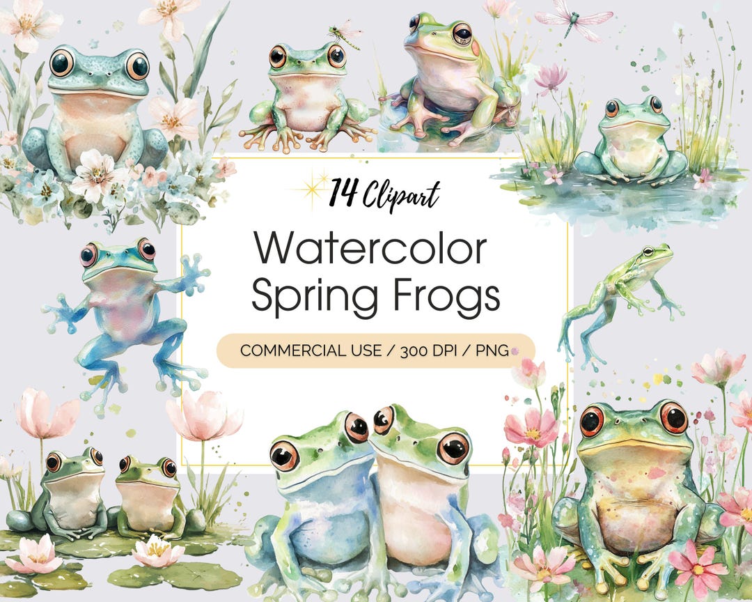 Watercolor Spring Frog Clipart Cute Frogs PNG Sublimation Frog Design ...