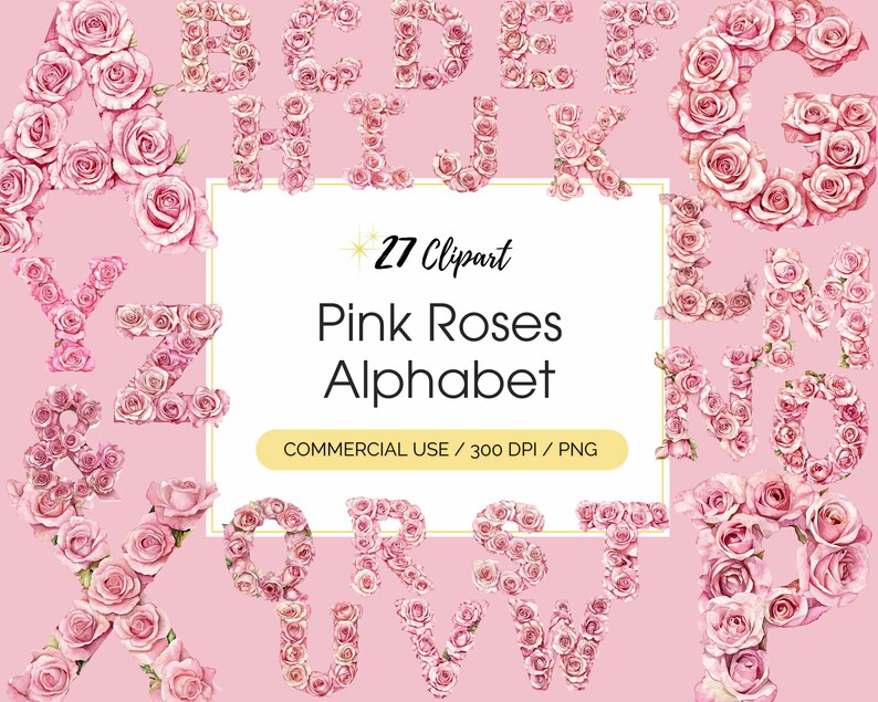 Pink Roses Alphabet Clipart, Watercolor Floral Alphabet, Wedding Decor ...