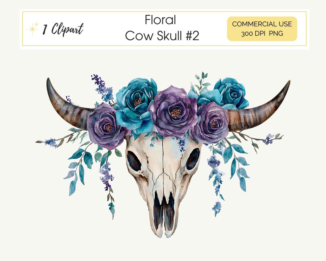 Floral Cow Skull Clipart Boho Cow Skull Sublimation Western Rustic Png ...