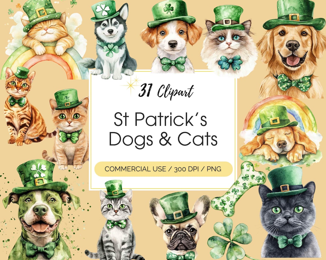 St Patrick's Dogs Cats Clipart Bundle Watercolor St Patricks Day ...