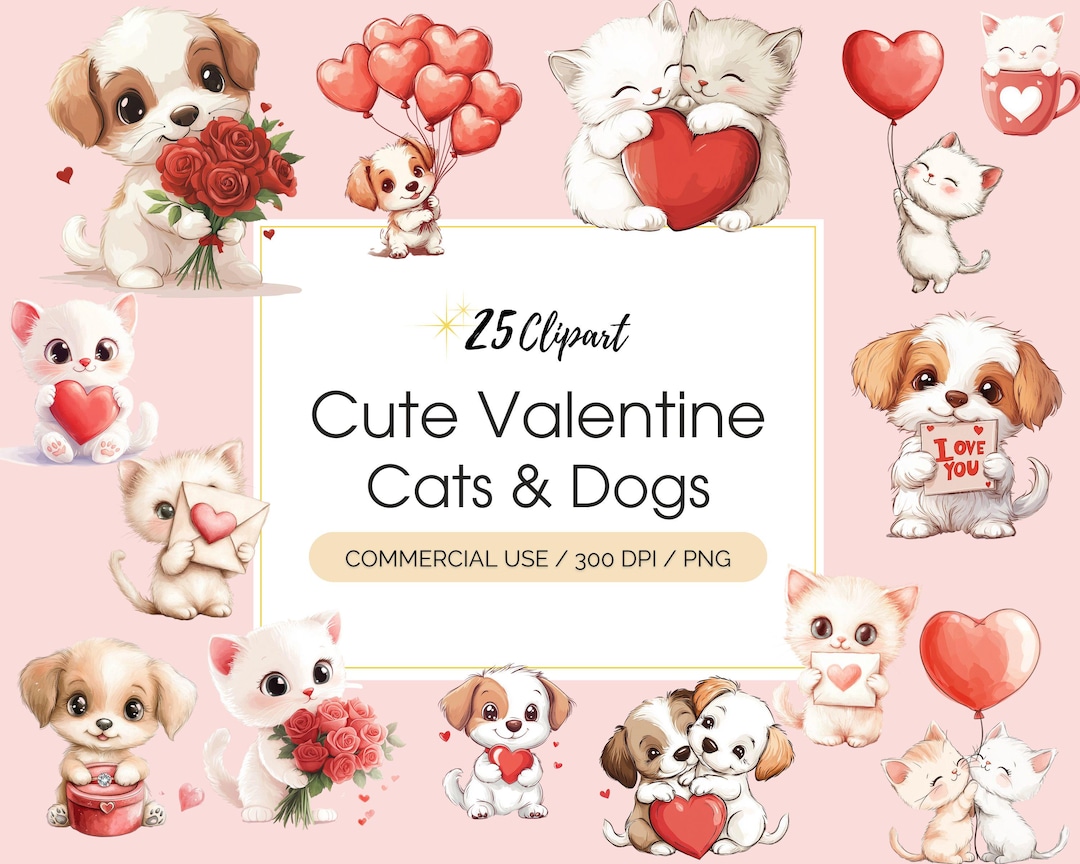 Valentine Cat & Dog Clipart: Love Animals PNG (commercial Use) - Etsy