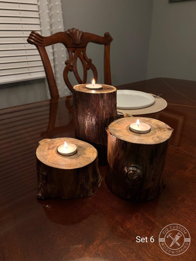 Rustic Log Candle Holders | Set of 3 | Handcrafted Wood Tea Light ...