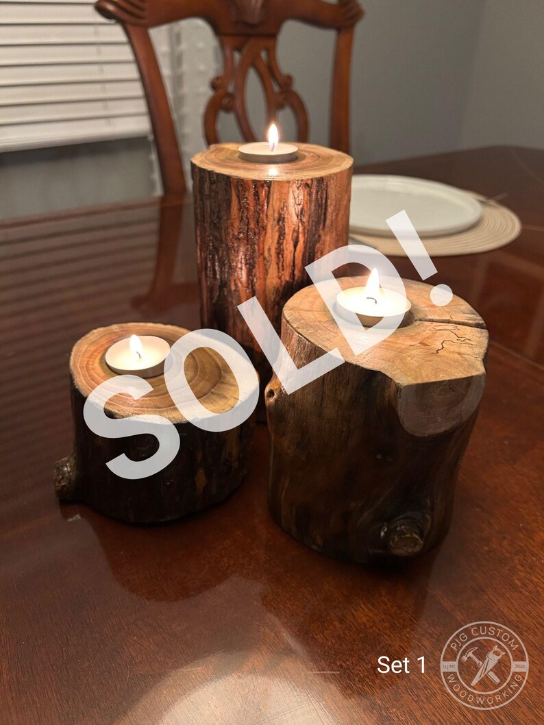 Rustic Log Candle Holders | Set of 3 | Handcrafted Wood Tea Light ...