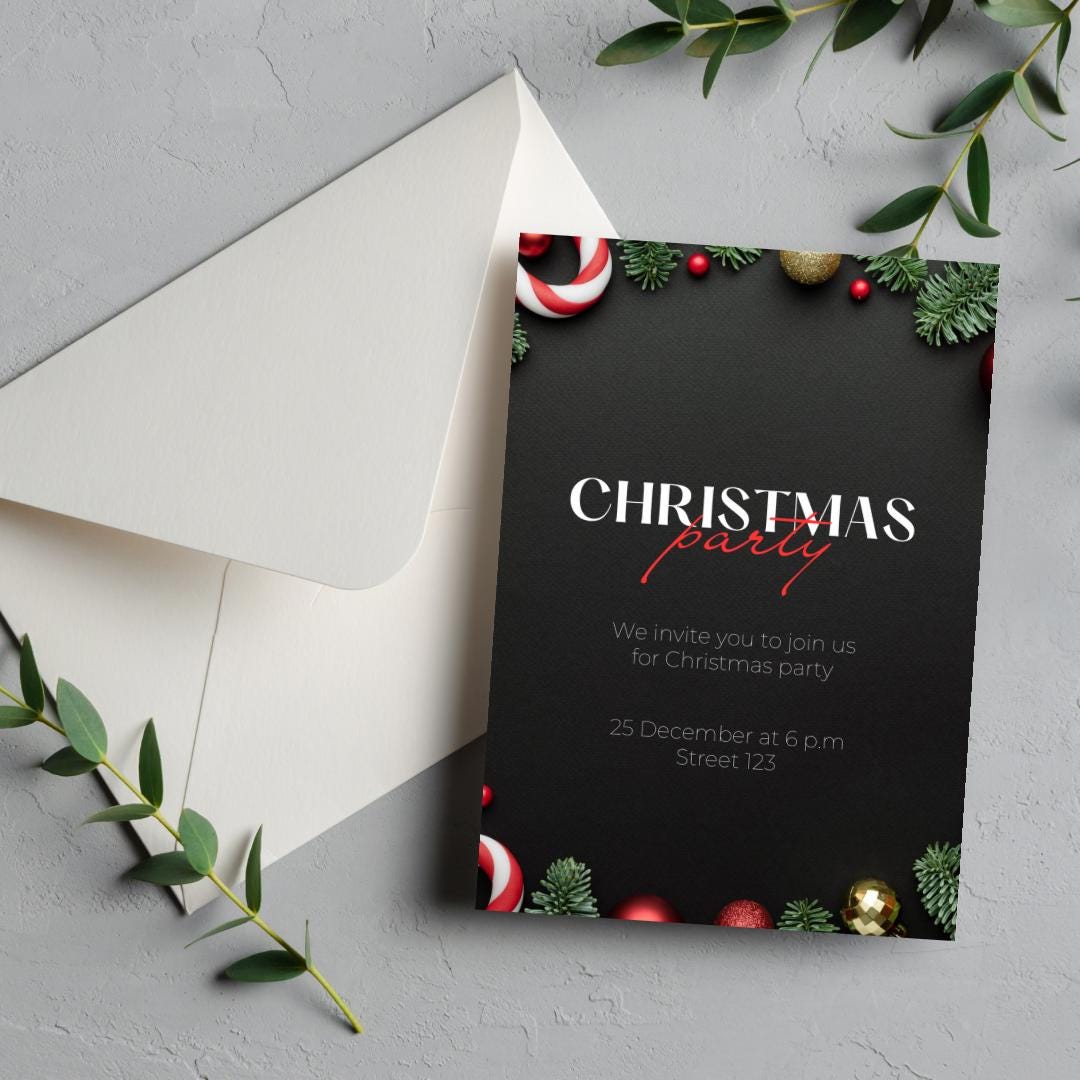 Modern Christmas Party Invitation Template, Black and Red Holiday Event ...