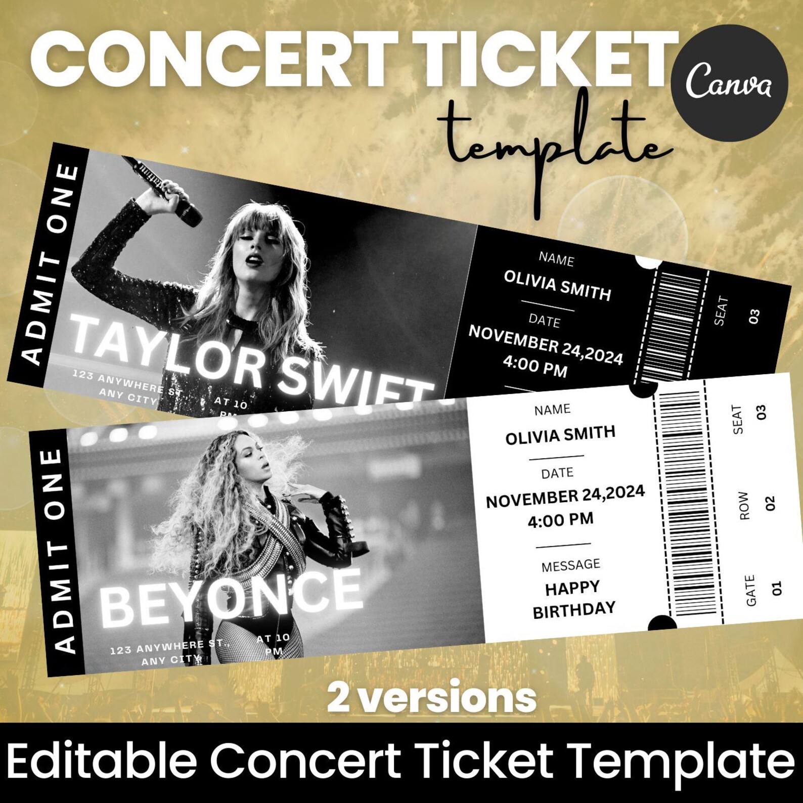 Editable Concert Ticket Template,custom Concert Ticket Gift,event ...