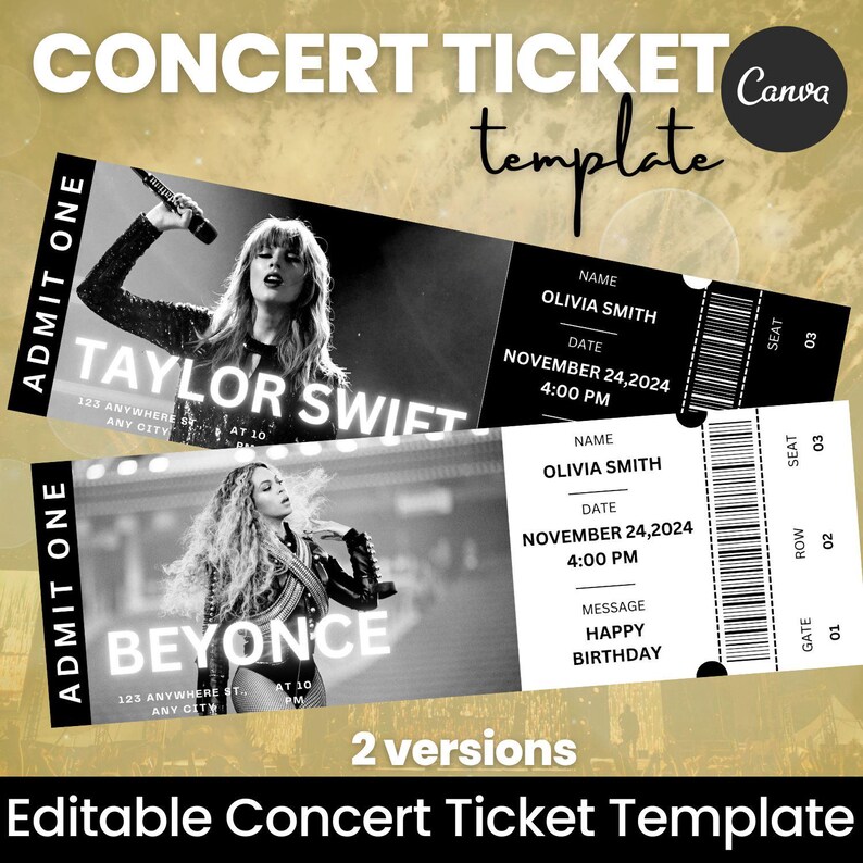 Editable Concert Ticket Template,custom Concert Ticket Gift,event ...
