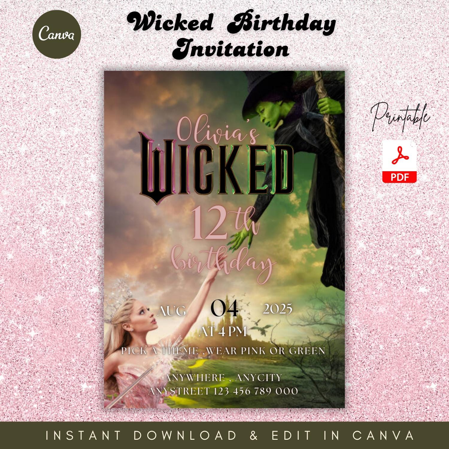 Editable Wicked Birthday Invitation,animated Musical Wicked Theme ...