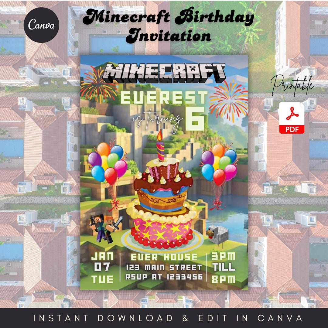 Editable Minecraft Birthday Invitation, Minecraft Invite for Boys and ...