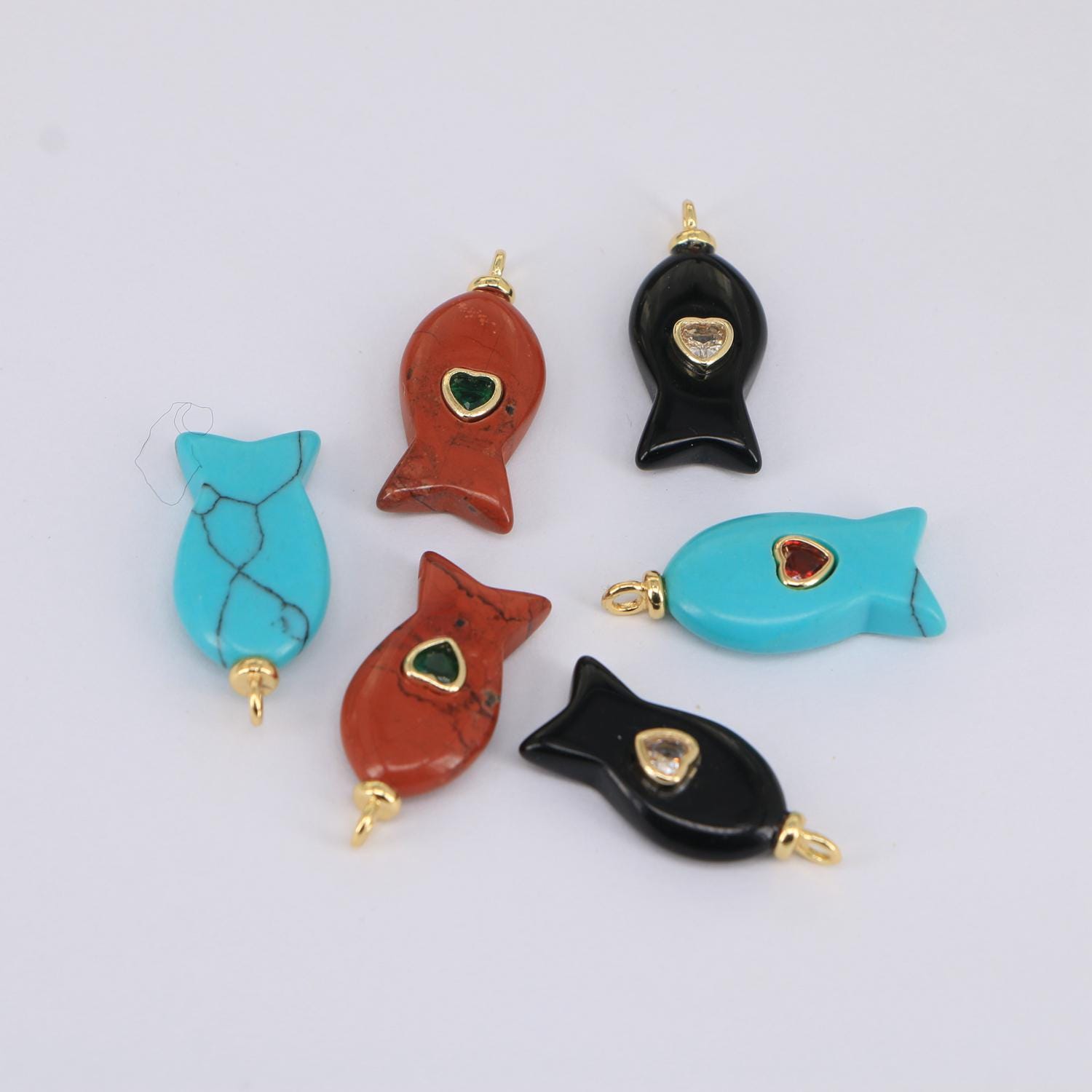 18K Gold Plated Natural Stone Fish Charm Haert Zircon Pave Fish Pendant ...