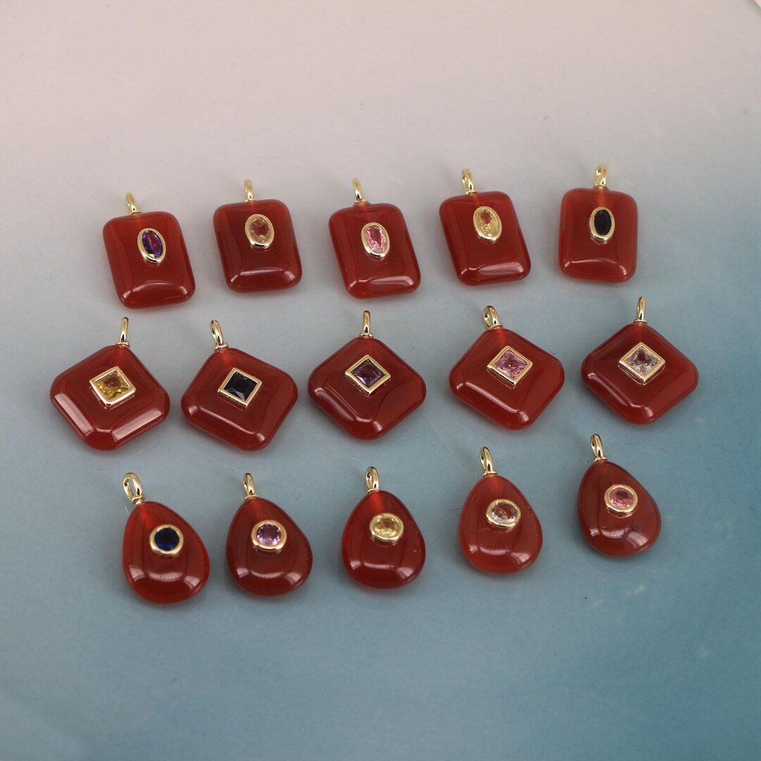 Red Agate Square Teardrop Charms With Zircon Inlay, Gold Plated ...