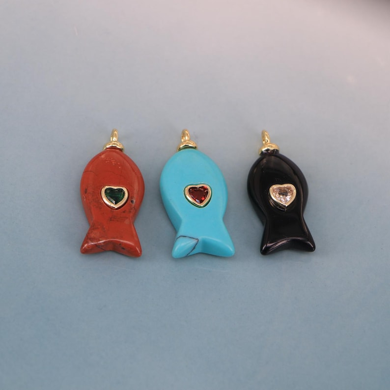 18K Gold Plated Natural Stone Fish Charm Haert Zircon Pave Fish Pendant ...