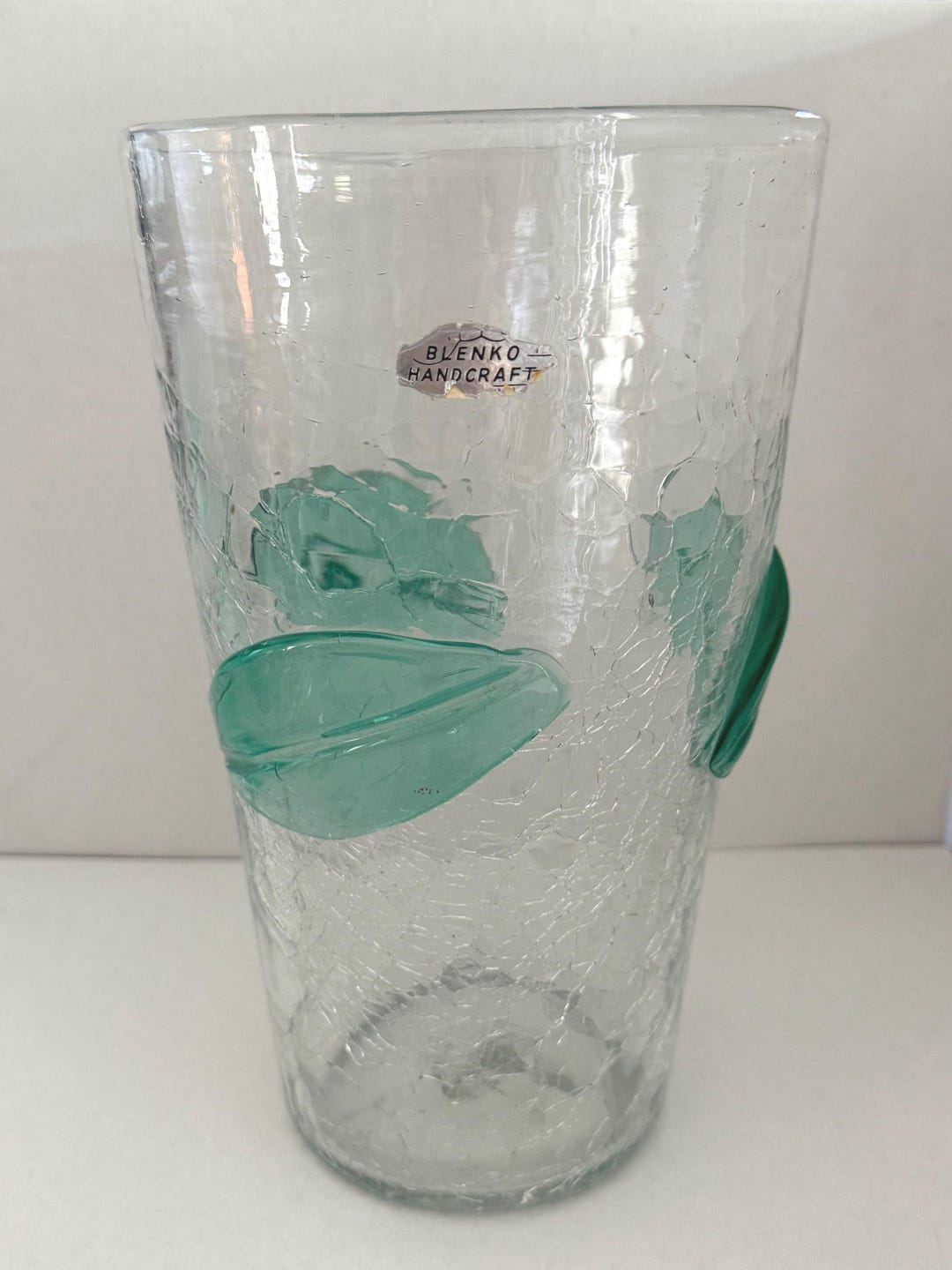 Vintage Blenko Handcrafted Crackle Vase With Three Applied Green Leaves ...