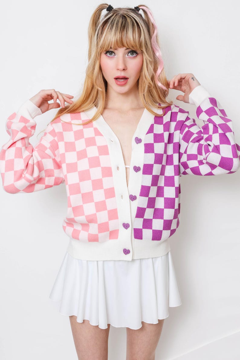 Super Cute Pink & Purple Checkered Cardigan Sweater Vtuber Ironmouse ...