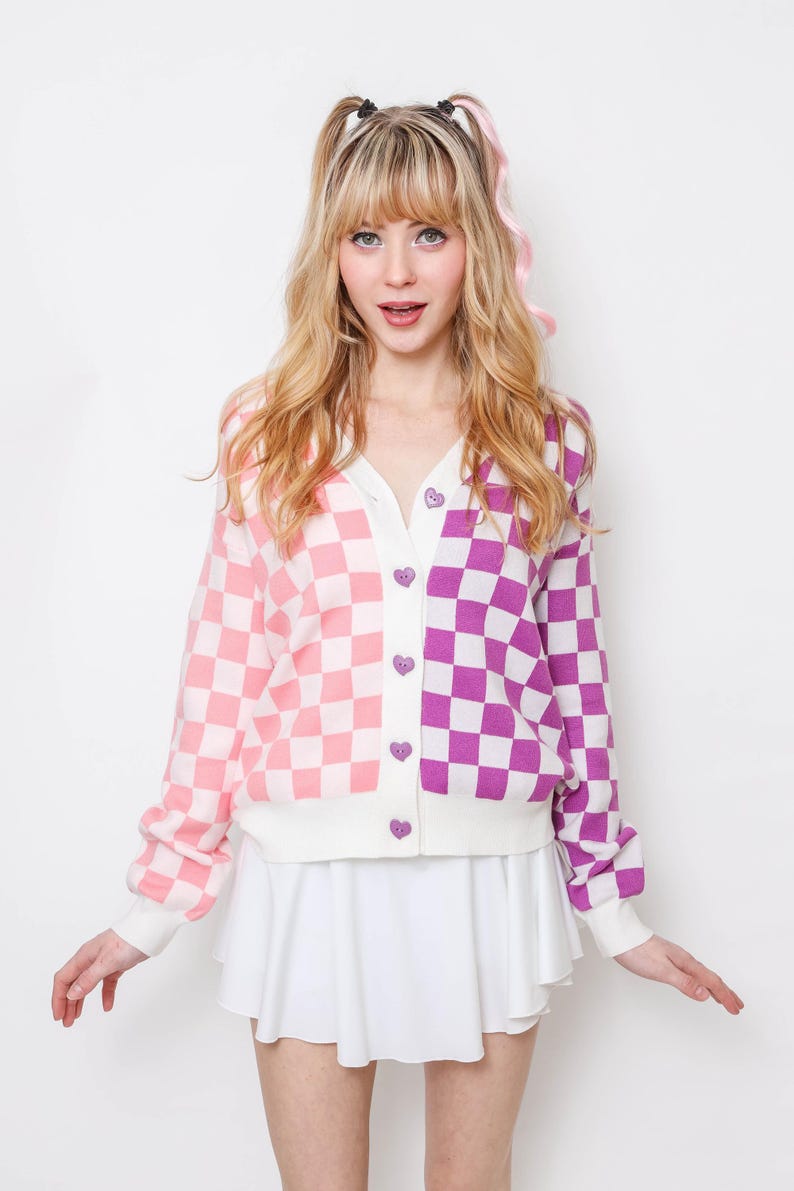 Super Cute Pink & Purple Checkered Cardigan Sweater Vtuber Ironmouse ...