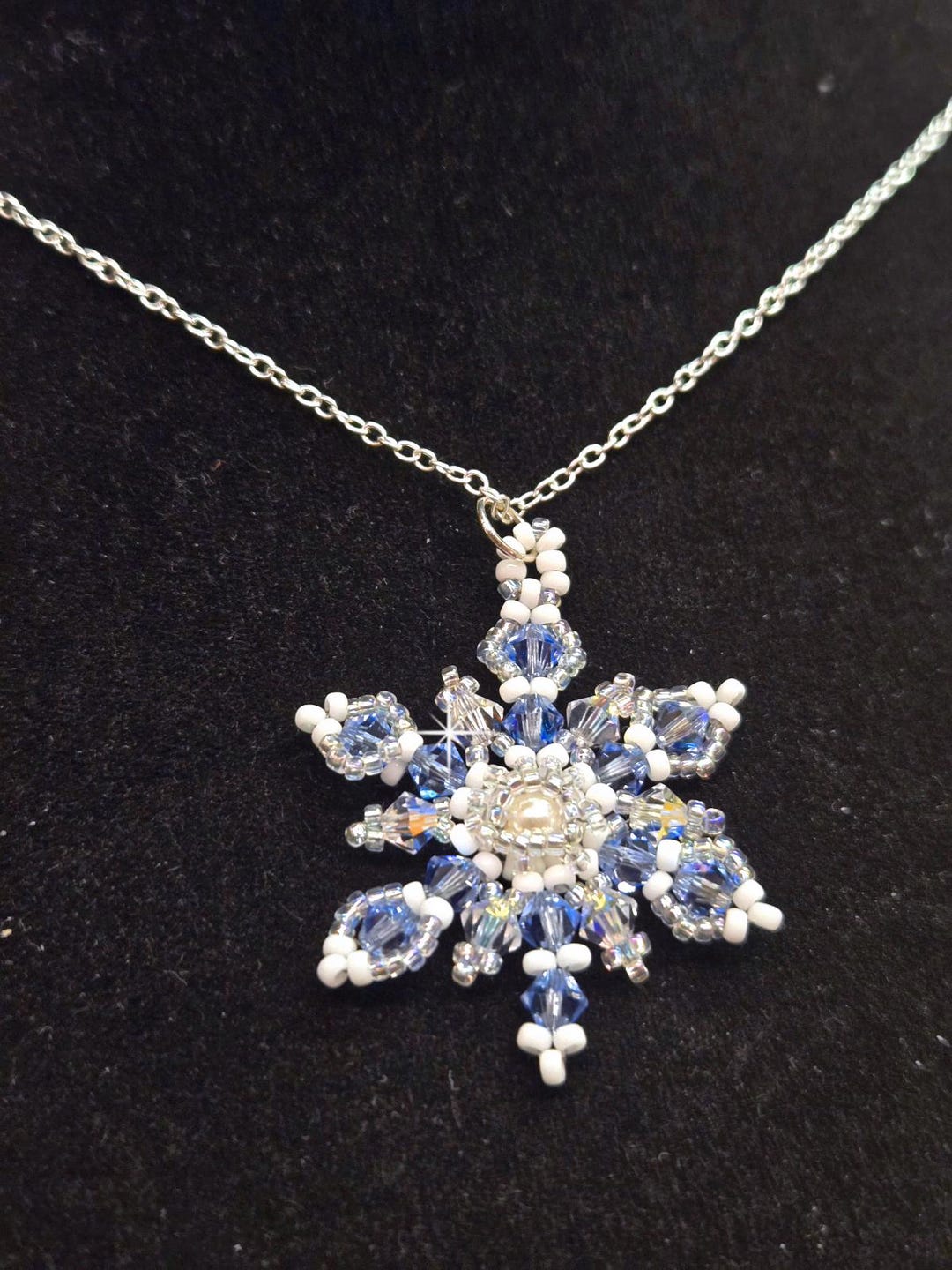 Handwoven Crystal Snowflake Necklace With Blue, and White Beads - Etsy