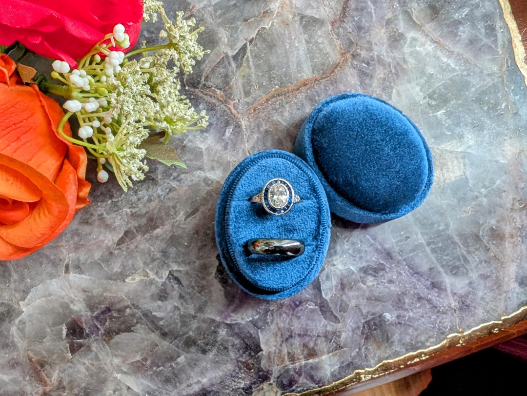 Velvet Blue Double Ring Box. Elegant Ring Box, Two Ring Ring Box Wedding and Engagement. Wedding ...