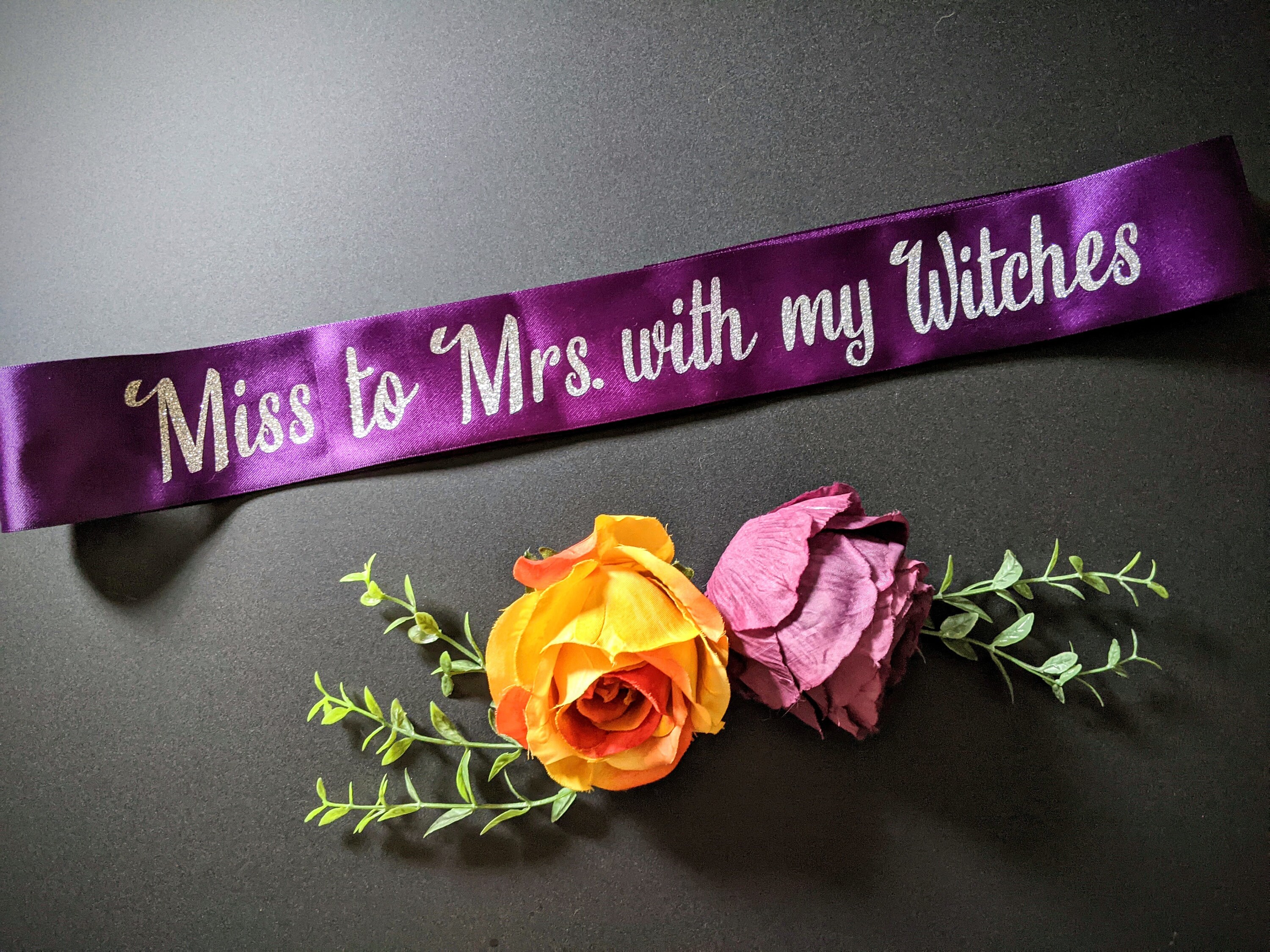 Miss to Mrs with my witches custom Halloween bridal sash. | Etsy